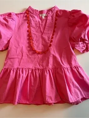 TCEC | Tops | Tcec Cotton Bright Pink Puff Sleeve Peplum Top | Poshmark